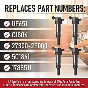 Ignition Coil Pack Set of 4 - Compatible with Hyundai & Kia Vehicles - 1.4L, 1.6L, 1.8L, 2.0L, 2.4L - Elantra, Tucson, Forte, Soul - Replaces UF651, C1804, 27300-2E000, 5C1861, 1788511