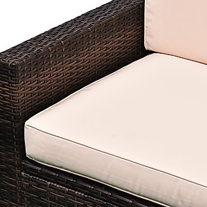 Outsunny 4 Piece Wicker Patio Furniture Set with Cushions, Outdoor Sectional Furniture with 2 Sofa, Loveseat, and Glass Top Coffee Table, Conversation Sofa Sets for Garden, Beige