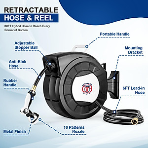 5/8" 66ft Retractable Garden Hose Reel by BSTOKCAM, Hybrid Rubber Hose, Water Hose Reels Automatic Rewind Storage, 10 Patterns Nozzle Included