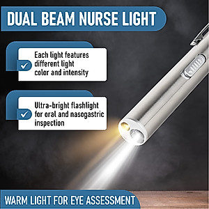 First Lifesaver Dual Beam LED Penlight for Nurses, Doctors, and Medical Professionals, Check Pupil Response, Ear, Nose, and Throat, Slim USB Rechargeable Flashlight (2 Sliver)