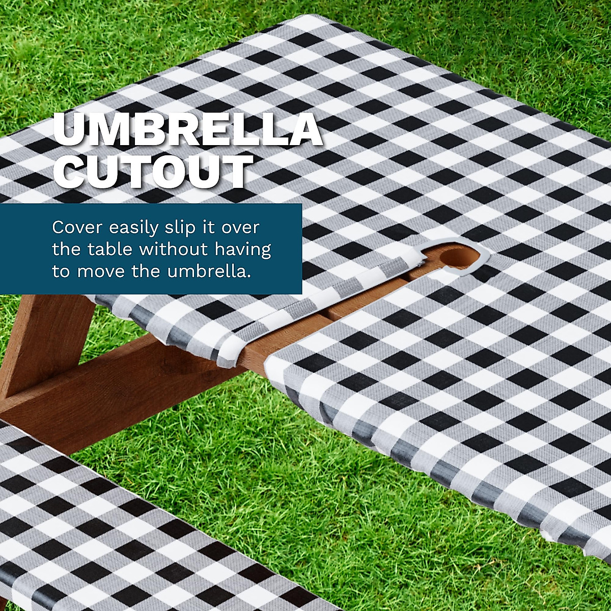 Sorfey Vinyl Umbrella Picnic Table and Bench Fitted Tablecloth Cover, Checkered Design, Flannel Backed Lining, 30x72 Inch, 3-Piece Set, Blue