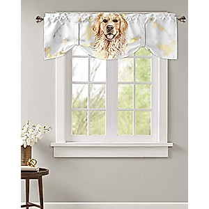 Tie Up Curtain Valance Window Topper 1 Panel 42x18in,Farm Cute Dog Gold White Marble Adjustable Rod Pocket Short Window Shade Valances for Kitchen Bedroom Windows,Modern Abstract Wild Symbol Stone