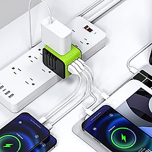 RXSQUL Universal International Power Travel Plug Adapter, 5 in 1 European Adapter W/ 2.4A 3xUSB-A 3.0A 1xUSB C Wall Charger and Worldwide AC Outlet for Europe USA UK AUS Asia-Green