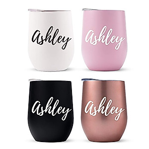 WEDDINGSTAR Personalized Stemless Travel Tumbler 12oz – Insulated Stainless Steel Wine Glass with Lid - Calligraphy - Black