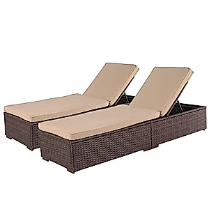 Verano Garden Outdoor Chaise Lounge, Patio Pool Lounge Chairs for Outside, Wicker Rattan Reclining Folding Pool Lounger with Adjustable Backrest and Removable Cushions, Beige(Set of 2)