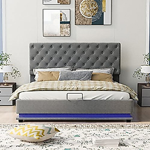 OPTOUGH Queen Size Storage Upholstered Platform Bed Frame with Adjustable Tufted Headboard and LED Light, Gray