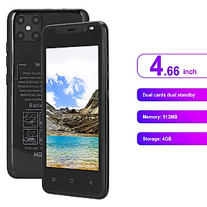 IP 12 Pro 4.66in Unlocked Smartphone, 512MB+4GB, for Android 4.4.2, 0.3MP+ 2MP,1500mAh, Dual Card Dual Standby Cell Phone, WiFi+BT+FM Supported, Expanded 128GB Memory(Black)