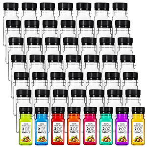 50 Pcs 2oz Clear Plastic Bottles, Mini Juice Bottle with Black Screw Lid, Juice Bottles Empty Reusable Liquid Vial Freezer Safe Drinking Beverage Container Leak Proof for Juice Milk Water Beverages