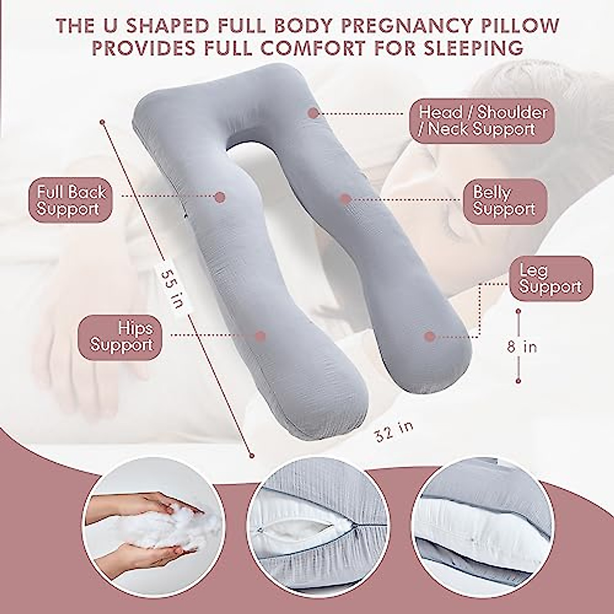 JOHNPEY Pregnancy Pillow for Sleeping Cooling, 100% Muslin Full Body Maternity Pillow, Support for Back, Legs, Belly, HIPS - Side Sleeper Pillow (LightGray,55in)