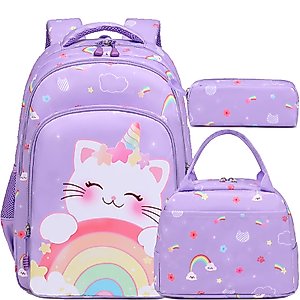 Jumpopack Unicorn Backpack for Girls School Backpack for Elementary Girls Backpack with Lunch Box Lightweight Water Resistance School Bag Preschool Kids Bookbag,Unicorn Cat