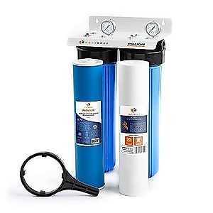 2-Stage Whole House Water Filter System 20"x4.5" - w/Wrench, Steal Bracket & Pressure Gauge & Release Button (1" Port) - 5 Micron GAC Water Filter & Sediment Filter, Compatible with Pentair P5-20BB