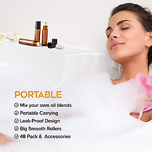 Essential Oil Roller Bottles, 48 Pack Hoa Kinh 10ml Empty Glass Amber Roller Bottles UV Protection with Stainless Steel Balls (10ml-48pack)