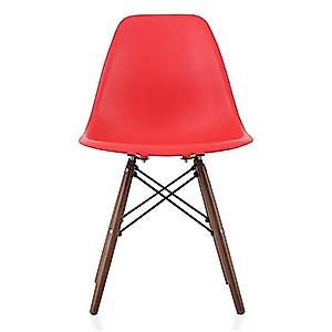 Set of 2 Ed Red Plastic Dining Shell Chair with Dark Walnut Wood Eiffel Legs Mid-Century Modern Upholstered