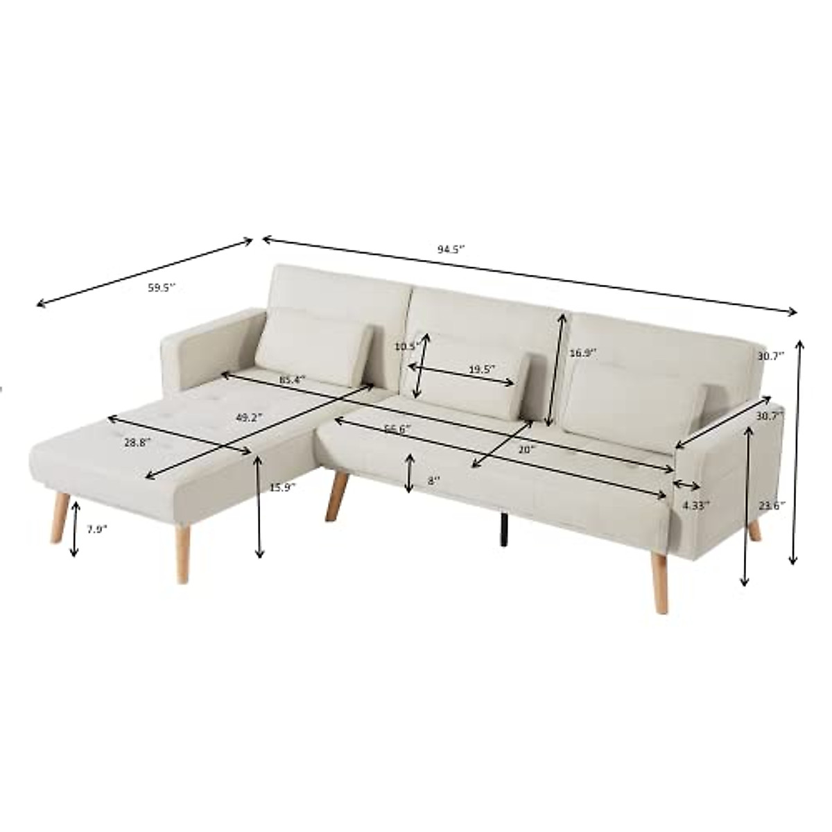 L-Shaped Sofa Bed, 94 Inch Sectional Sofa Corner Couch Sleeper w/Lounge Chaise and Side Pocket for Living Room (Left Side Lounger)