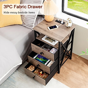 AMHANCIBLE Night Stand Set 2, LED Nightstand with Charging Station, End Side Tables with USB Port & Outlet, Bedside Table with 3 Fabric Drawers for Bedroom Living Room, Greige, HET053LGY