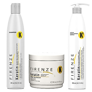 Firenze Professional Keratin Care Bundle - Keratin Shampoo, Intense Conditioner and Keratin Mask Treatment Pack with Free Red Gift Bag