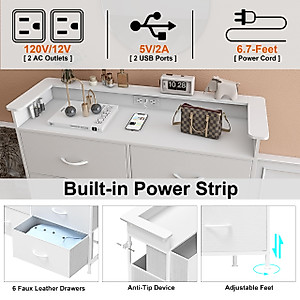 Welfuturer White Dresser for Bedroom with Charing Station and LED Light 6 Drawer Dresser with PU Finish Fabric Chest of Drawers for Closet Living Room Hallway Sturdy Steel Frame Double Wooden Tabletop