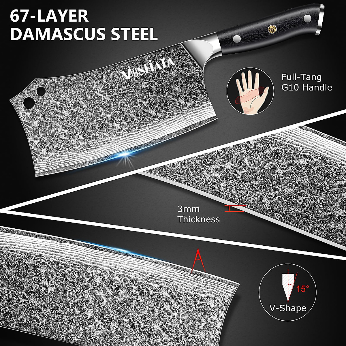 MOSFiATA Damascus 7” Cleaver Knife，Ultra Sharp Vegetable and Meat Butcher Knife with Finger Guard for Home Kitchen and Restaurant
