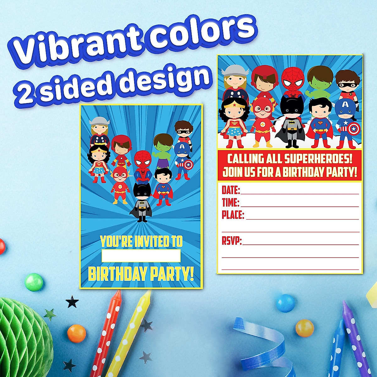 20x Super Hero Kids Birthday Invitations and Envelopes – Fill-in Happy Birthday Party Invitations for Kids, 6X4 Inches, Postcard Style