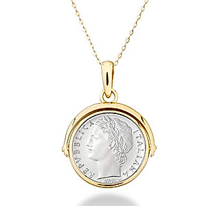 Miabella 18K Gold over Sterling Silver Italian Genuine Reversible Flip 100 Lira Coin Pendant with Adjustable Chain Necklace, Medallion Made in Italy