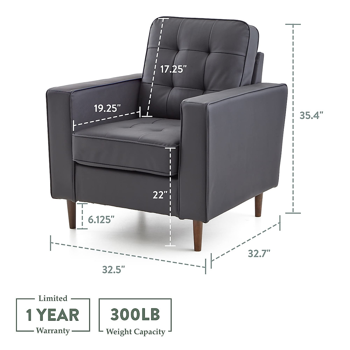 Edenbrook Lynnwood Upholstered Accent Chair - Living Room Furniture - Office - Bedroom - Mid-Century Modern Design - Armchair - Buttonless Tufting - Simple Assembly - Solid Frame - Black Faux Leather