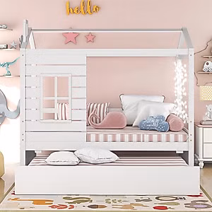 Harper & Bright Designs House Bed for Kids, Twin Daybed with Trundle and Roof, Twin Size Platform Bed Frame with Fence and Window for Kids, Teens, Girls & Boys, Easy Assembly (White)