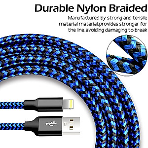 cugunu iPhone Charger, 5 Pack 3/3/6/6/10FT Apple MFi Certified USB Lightning Cable Nylon Braided Fast Charging Cord Compatible for iPhone 14/13/12/11/X/Max/8/7/6/5/SE/Plus/iPad - Black Blue