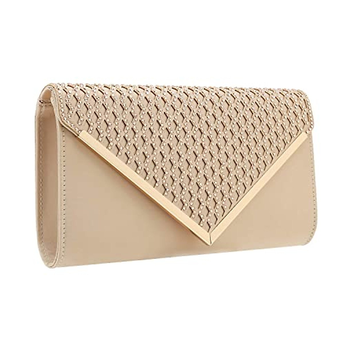 CHARMING TAILOR Elegant Satin Clutch Shimmering Rhinestones Laser-cut Flap Prom Purse (Beige)