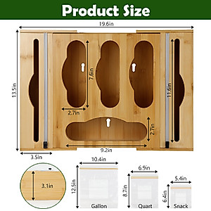 IEMIEBSHA Zip Lock Bag Organizer, 6 in 1 Foil and Plastic Wrap Dispenser with Cutter, Baggie Organizer for Kitchen Drawer, Bamboo Storage Bag Organizer for Gallon Quart Sandwich Snack Bags