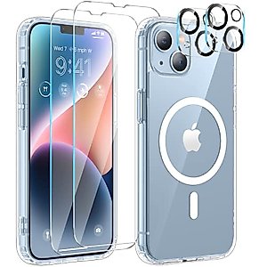 VEGO [5 in 1 Magnetic Case for iPhone 14 Plus 5G 6.7 Inch 2022, [2 Pack Tempered Glass Screen Protector +2 Pack Camera Lens Protector] Yellowing Resistance Slim Clear Case for iPhone 14 Plus