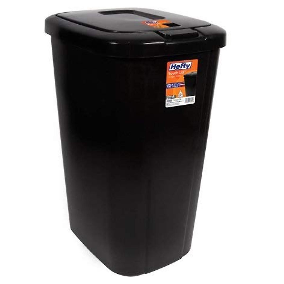 Hefty Touch-Lid 13.3-Gallon Trash Can, Black, Holds 13.3 Gallons and 50 Liters