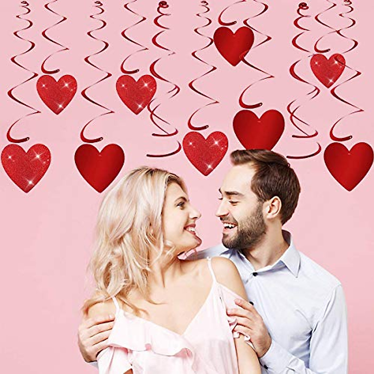 Mocossmy Valentine's Day Heart Hanging Swirl Decorations,32 Pack Glitter Red Love Heart Foil Swirls Ceiling Streamers for Date Engagement Wedding Anniversary Birthday Party Favors Supplies Ornaments