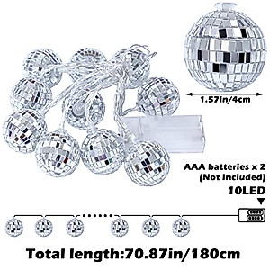 BBTO 10 LED Disco Ball String Lights Decorations Mirror Disco Ball Ornaments 70s Disco Party Supplies Mini Disco Balls Tree Ornament Light Battery Operated Disco Balls for Christmas (Silver White)
