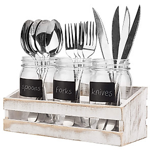 MyGift Whitewashed Wood Flatware Utensil Holder for Table, Casual Dining Flatware Holder for Countertop with 3 Mason Jars and Chalkboard Labels