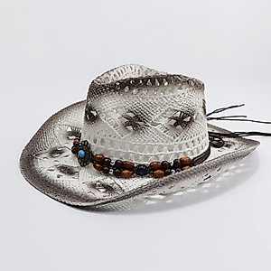 jiaoji Men & Women's Woven Straw Cowboy Cowgirl Straw Hat Cowboy Hats for Women Cowboy Hat Shapeable Brim, Beach Cowgirl (White-DimGray/Beads)