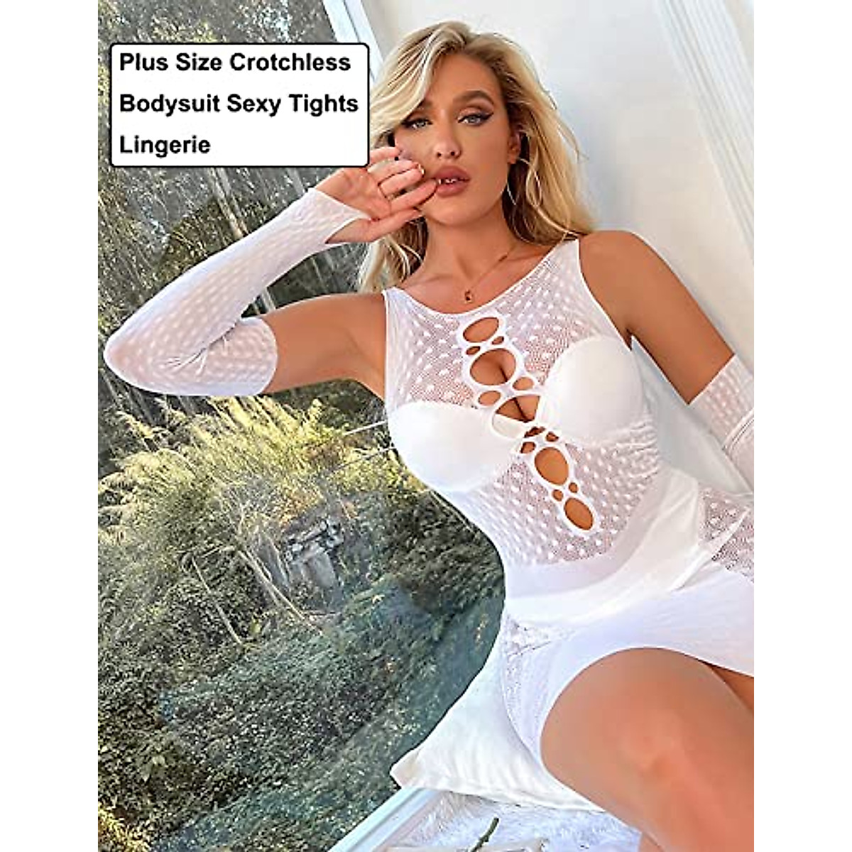 DMLBC Women Fishnet Bodysuits,Sexy Mesh Babydoll,Women's Floral Lace Lingerie,Bodysuit Dress,One Piece Babydoll One Size (w530 white, Large)