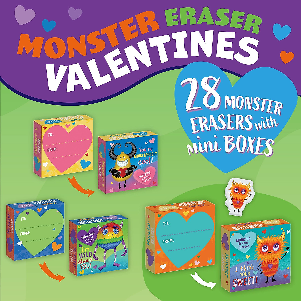 Peaceable Kingdom Valentines Cards for Kids Classroom, Set of 28 Valentines Day Gifts - Monster Erasers