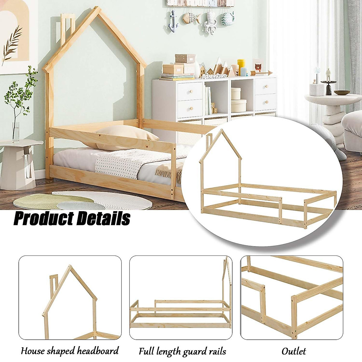 Altillo Twin Size Wood Montessori Floor Bed Frame with House-Shaped Headboard and Fence, Wooden Platform Bed Frame with Guardrails for Children Girls Boys (Natural)