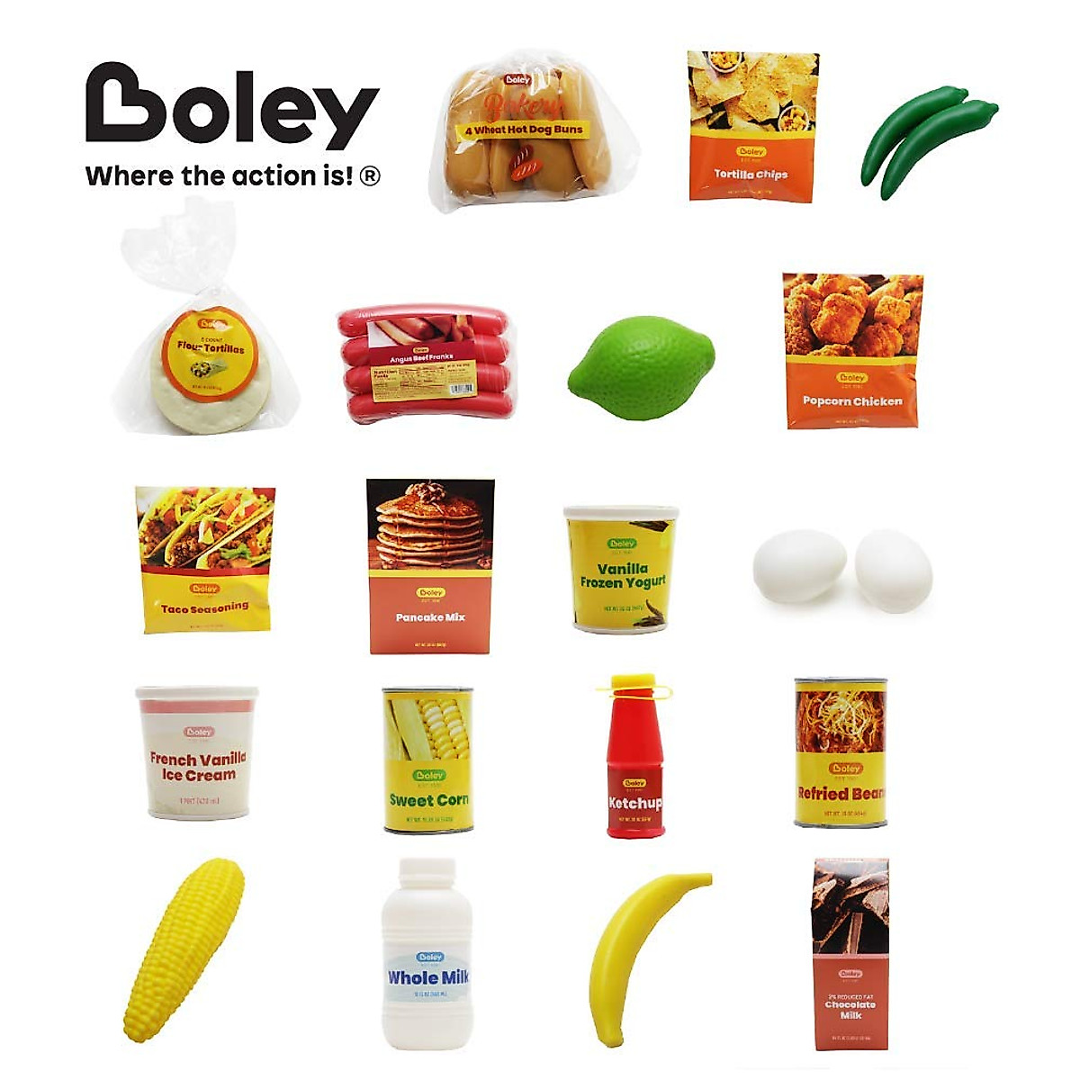 Boley Shopping Basket Toy - Pretend Grocery Shopping Play Set with 24 Realistic Play Food Items - Fruits, Vegetables, Drinks, Meats - Educational and Durable - for Kids and Toddlers Ages 3 and Up