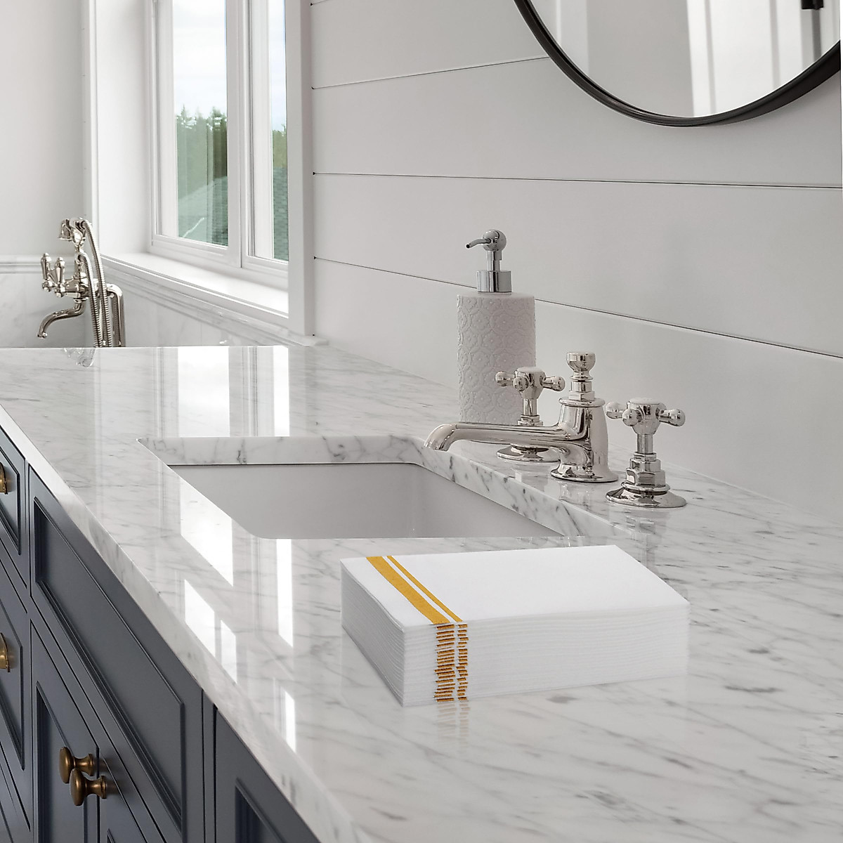 Disposable Linen-Feel Peper Napkins, Decorative White Guest Towels, 12" x 17" Gold Line Hand Napkins For Wdding, Party Or Event - Pack of 100