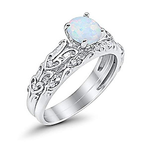 Blue Apple Co. Art Deco Two Piece Wedding Engagement Bridal Set Created White Opal Round Cubic Zirconia 925 Sterling Silver, Size-7