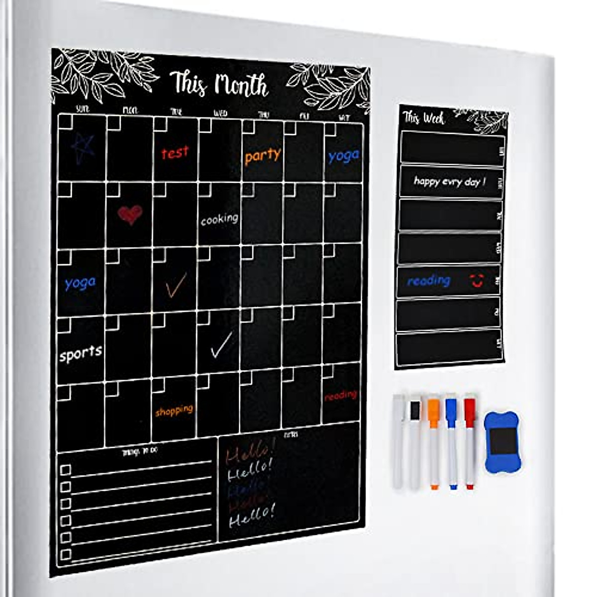 Magnetic Calendar for Fridge| 12” x 17” Monthly and 5” x 10” Weekly Reusable Planners| Magnetic Dry Erase Board Include 5 Dry Erase Markers and Eraser