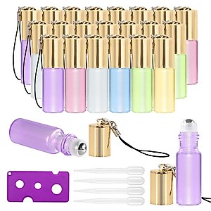 Mavogel Essential Oil Roller Bottles - 24 Pack 5ml Pearl Colored Glass Roller Bottles with Stainless Steel Roller Balls, Essential Oil key Opener and Droppers Included