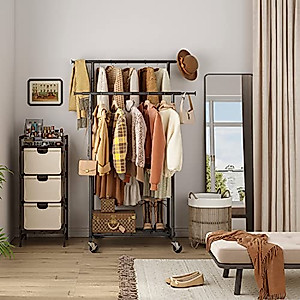 Gewudraw Double Rod Garment Rack, Heavy Duty Clothes Rack, Metal Rolling Garment Rack with Wheels, Shelves and Hooks, Clothing Garment Rack Closet Organizer Freestanding Hanger for Hanging Clothes