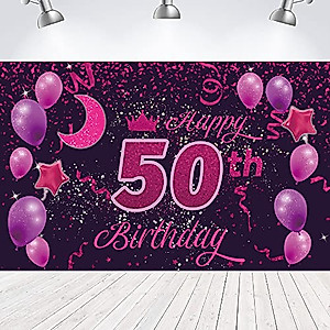 Sweet Happy 50th Birthday Backdrop Banner Poster 50 Birthday Party Decorations 50th Birthday Party Supplies 50th Photo Background for Girls,Boys,Women,Men - Pink Purple 72.8 x 43.3 Inch