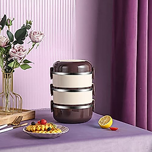 DILUOOU Stackable Lunch Box, 3 Tier Stainless Steel Thermal Lunch Box,Insulated Bento Lunch Box for Adult With Lunch Bag & Utensils (Brown)
