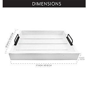 AuldHome Rustic Wood Serving Tray; White Wooden Farmhouse Shiplap Decorative Ottoman Tray with Black Metal Handles, 17 x 13 Inches