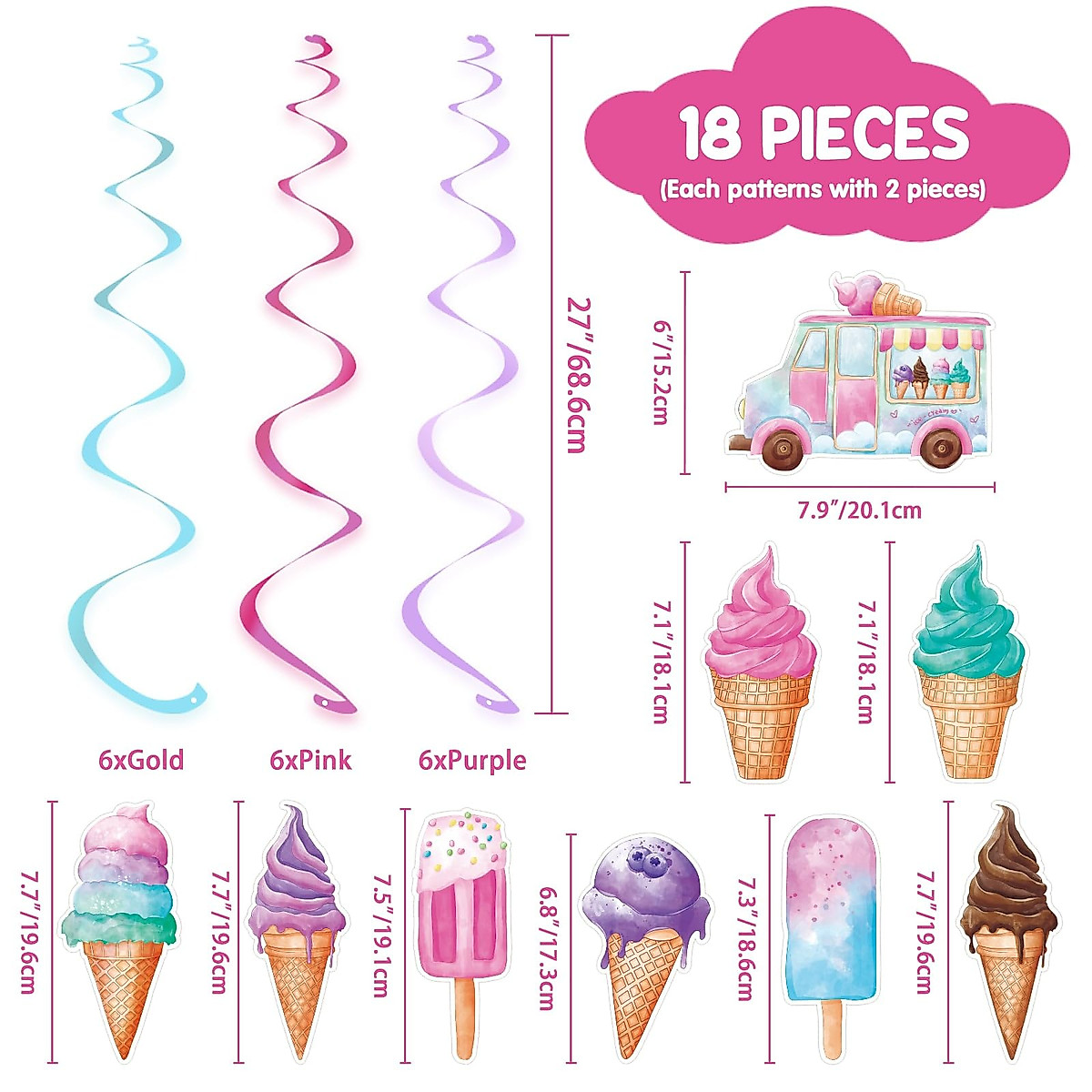 WERNNSAI 18PCS Ice Cream Hanging Swirls Party Decorations Summer Ice Cream Party Ceiling Streamers Decor Sweet Ice Cream Party Swirls Supplies for Girls Birthday Baby Shower