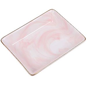 Cabilock 2PCS Bathroom Vanity Tray Marble Pattern Ceramic Toothbrush Holder Countertop Storage Organizer Decorative Jewelry Display Tray (Pink)