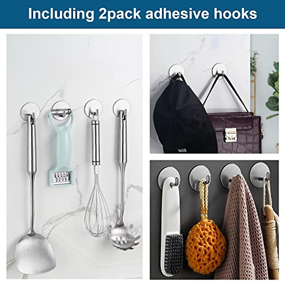 Diesisa Razor Holder for Shower + Adhesive Wall Hooks, Premium 304 Stainless Steel Shower Razor Holder with Heavy Duty Waterproof Sticky Hooks for Hanging Towels, Coat, hat (2+2 Pack)